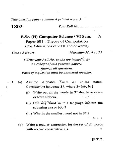 Bsc Hons Computer Science Vi Sem Paper 601 Theory Of Computer Pdf