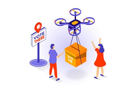 3d 등각 투영 설계의 선거 및 투표 개념 사람들은 투표소의 위치에서 일하고 비행 드론은 유권자를 위해 투표함을 운반합니다 웹 그래픽을 위한 등각측정 장면이 있는 벡터 그림