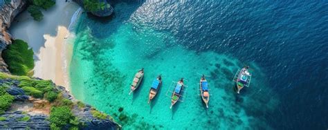Aerial Drone View Of Long Tail Touristic Boats Docked Along The Naked