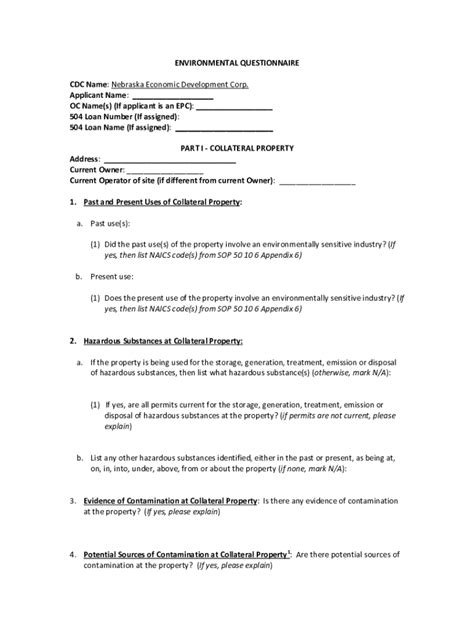 Fillable Online Environmental Questionnaire For Collateral Property Fax