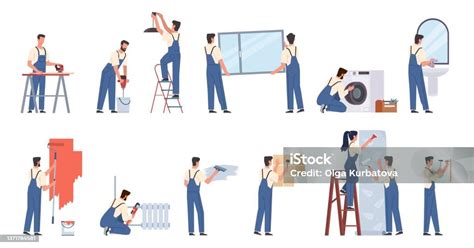 리노베이션 작업자 서비스 유니폼을 만드는 사람들 수리 집 남자와 여자 페인트 벽 방에 접착제 벽지 누워 타일 삽입 창 배관 변경 벡터 만화 플랫 세트 리노베이션에 대한 스톡
