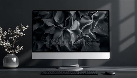 Modern Dark Desktop Setup With Monochrome Leaf Wallpaper Stock Illustration Illustration Of