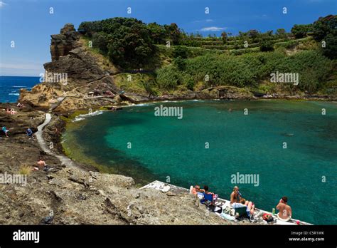 Tourists At Ilhéu Vila Franca A Volcanic Crater Lagoon Islet Off The