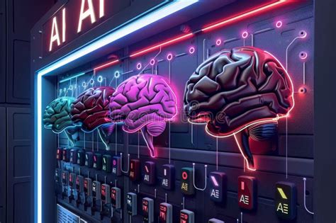 Futuristic Ai Brain With Neon Lights In High Tech Room Digital Intelligence Cybernetic
