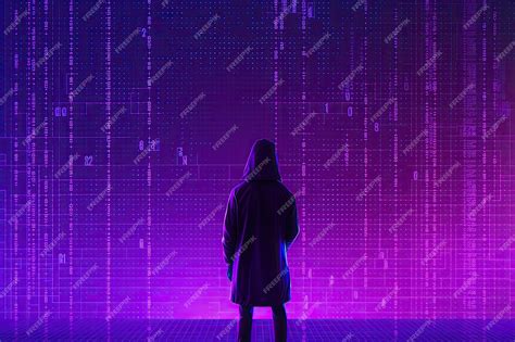 Premium Photo Data Hacking Design With A Hooded Hacker Standing Against An Ethereal Glowing