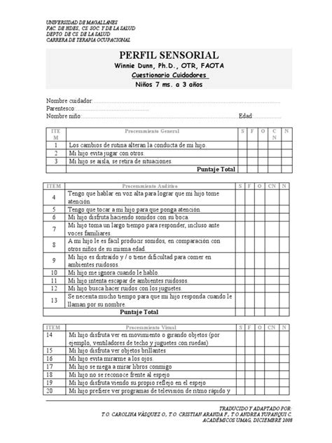 Perfil Sensorial Winnie Dunn Cuidadores 7ms A 3 Añs Pdf