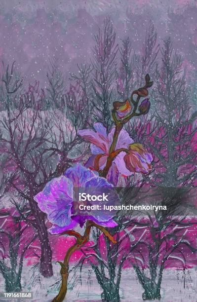 발렌타인 데이 현대 미술 작품을 위한 유행 겨울 일러스트 인상주의 내 원래 유화 캔버스 수직 겨울 차가운 눈 풍경 창 밖에 그리고 집의 따뜻한 창에 보라색 난초 피는 개화에