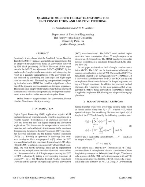 Pdf Quadratic Modified Fermat Transforms For Fast Convolution And Adaptive Filtering