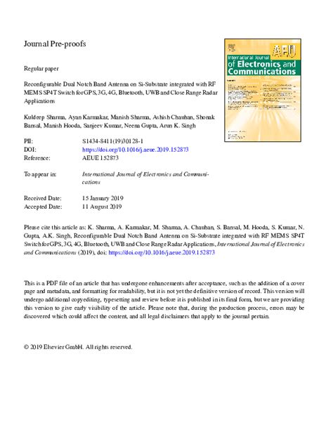Pdf Reconfigurable Dual Notch Band Antenna On Si Substrate Integrated With Rf Mems Sp4t Switch