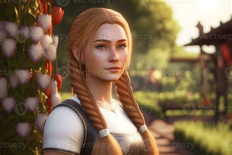 Beautiful Woman With Long Braids In The Garden Neural Network Ai