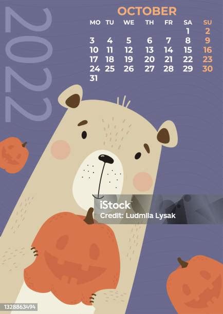 2022년 10월 곰 달력 보라색 배경에 할로윈 호박 귀여운 곰 플랫 스타일로 벡터 그림 세로 템플릿입니다 월요일부터 매주 설계 및 인쇄용 문구류 10월에 대한 스톡 벡터