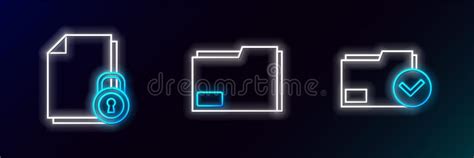 Set Line Document Folder And Check Mark Lock And Icon Glowing Neon