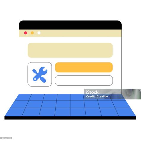 기술 지원 온라인 서비스 및 웹 사이트 유지 보수를 상징하는 평면 벡터 일러스트 레이 션에서 도구 아이콘이 있는 노트북 화면 흰색 배경에 고립되어 있습니다 0명에 대한 스톡