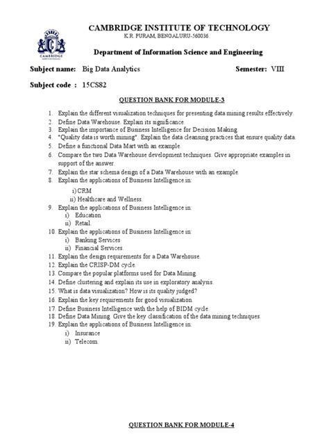 Question Bank For Big Data Analytics Module On Data Visualization Data