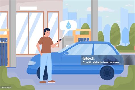 주유소에서 자동차에 성공적으로 연료를 보급하는 남자 플랫 컬러 벡터 일러스트 레이 션 역에 대한 스톡 벡터 아트 및 기타 이미지 역 천연가스 복고풍 Istock