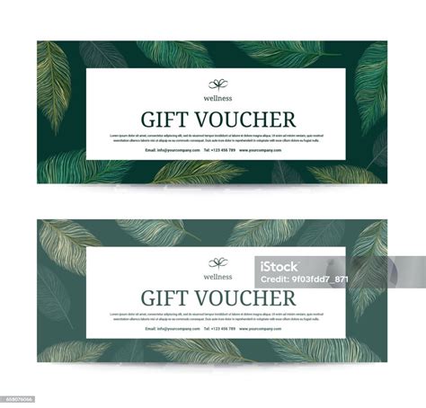 선물 바우처 잎 깃털 공작 서식 파일 벡터 일러스트 레이 션 리조트 스파에 대 한 상품권에 대한 스톡 벡터 아트 및 기타 이미지