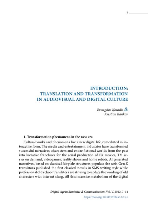 Pdf Introduction Translation And Transformation In Audiovisual And Digital Culture