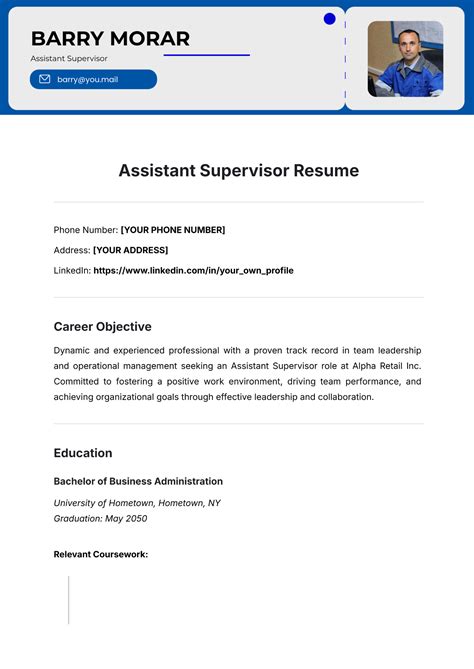 Free Assistant Supervisor Resume Template To Edit Online
