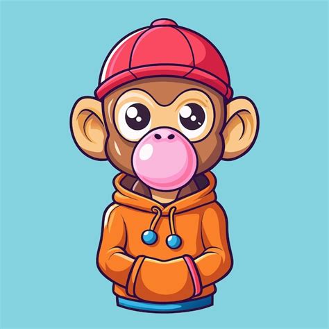 Cute Monkey Blowing Bubble Gum In Hoodie Cartoon Vector Icon Premium