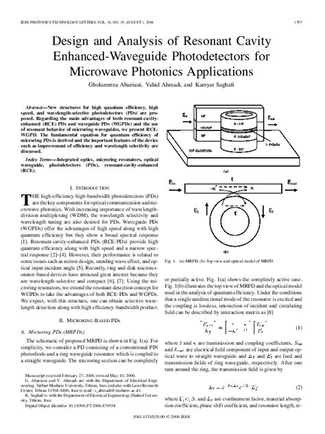 Pdf Design And Analysis Of Resonant Cavity Enhanced Waveguide Photodetectors For Microwave