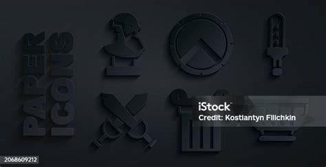 세트 고대 기둥 중세 칼 교차 중세 그리스 고대 그릇 방패 및 흉상 조각 아이콘 벡터 3차원 형태에 대한 스톡 벡터 아트 및 기타 이미지 Istock