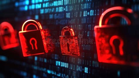 Red Padlocks Protecting Binary Code On Computer Screen Ensuring Data