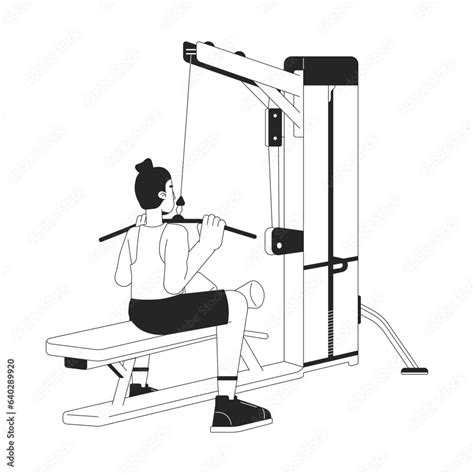 Man Dragging Bar Down On Lat Pulldown Machine Flat Line Black White