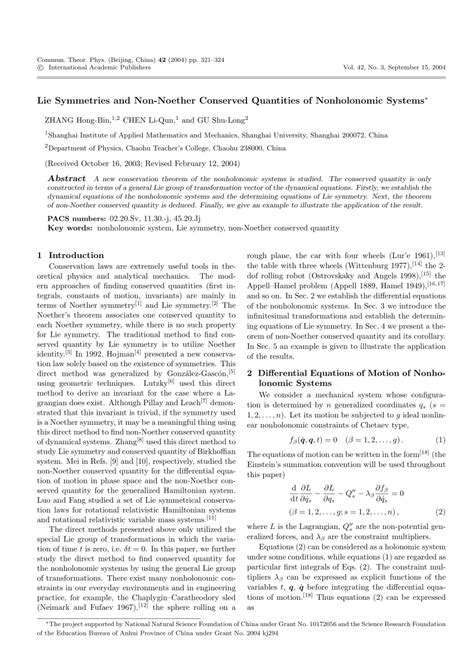 Pdf Lie Symmetries And Non Noether Conserved Quantities Of Nonholonomic Systems