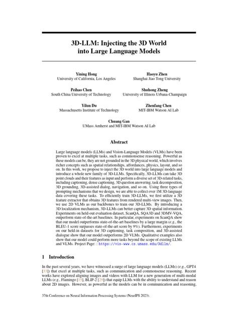 Neurips 2023 3d Llm Injecting The 3d World Into Large Language Models Paper Conference Pdf 3