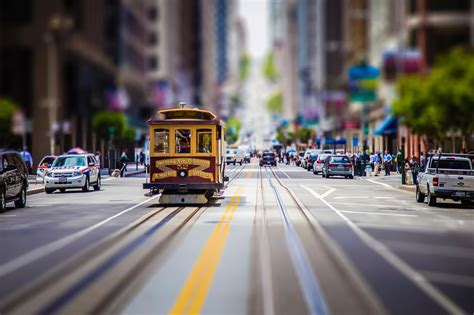 san francisco city street tilt shift tram cityscape car blurred building wallpapers hd