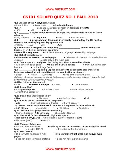 Cs101 Solved Quiz No 1 Fall 2013 Download Free Pdf Programming
