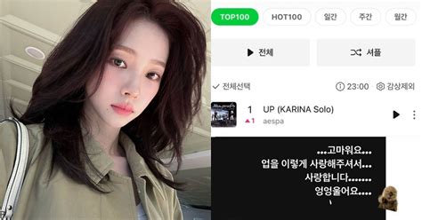 에스파 카리나 엉엉 울어요…솔로곡 Up 음원차트 1위에 감격
