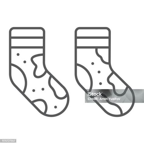 더러운 양말 얇은 라인 아이콘 세탁 및 옷장 냄새 나는 양말 기호 벡터 그래픽 흰색 배경에 선형 패턴 10에 대한 스톡 벡터