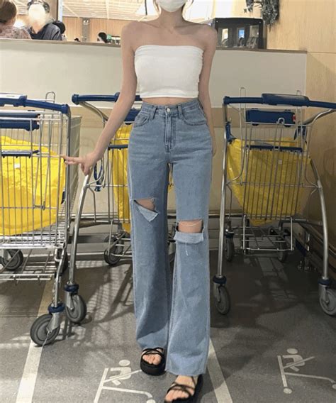 Xs부터허리들뜸 제로 트임 찢청 하이웨스트 일자 롱 세미 와이드 데님 커팅 팬츠 에이블리