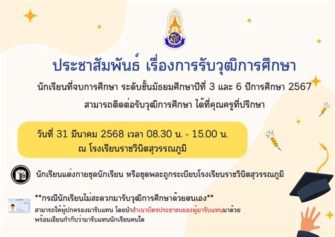 โรงเรียนราชวินิตสุวรรณภูมิ ประชาสัมพันธ์ เรื่องการรับวุฒิการศึกษา นักเรียนที่จบการศึกษา ระดับ