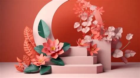 3d 제품 디스플레이를 위한 꽃 액센트가 있는 종이 아트 스타일 연단 플랫폼 배경 제품 쇼케이스 3d 플랫폼 배경 일러스트 및 사진 무료 다운로드 Pngtree