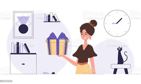 크리스마스 또는 새해를 위한 선물 개념 한 청녀가 명절 선물 상자를 손에 들고 있다 가정의 방에 대한 스톡 벡터 아트 및 기타 이미지 가정의 방 경영자 금융 Istock