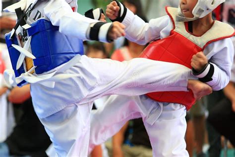 Taekwondo Athletes Fighting On Stage Stock Image Image Of Person