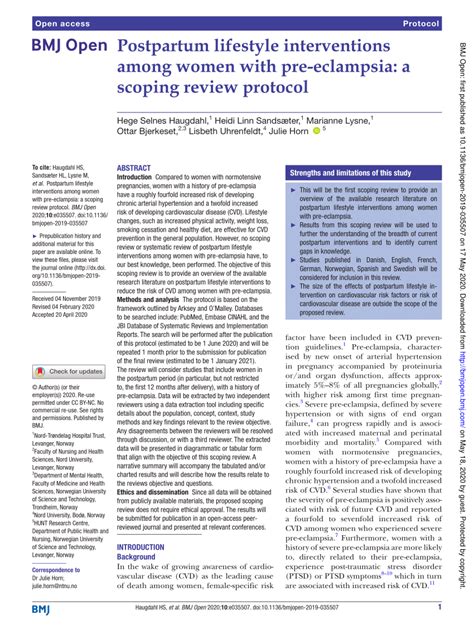 Pdf Postpartum Lifestyle Interventions Among Women With Pre Eclampsia A Scoping Review Protocol