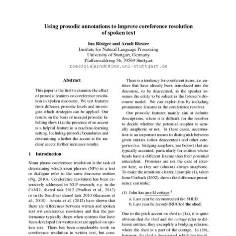 Using Prosodic Annotations To Improve Coreference Resolution Of Spoken Text Acl Anthology