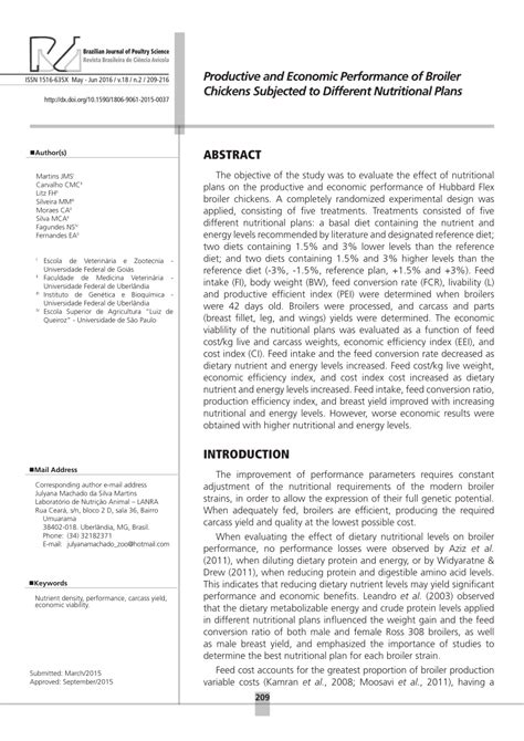 Pdf Productive And Economic Performance Of Broiler Chickens Subjected