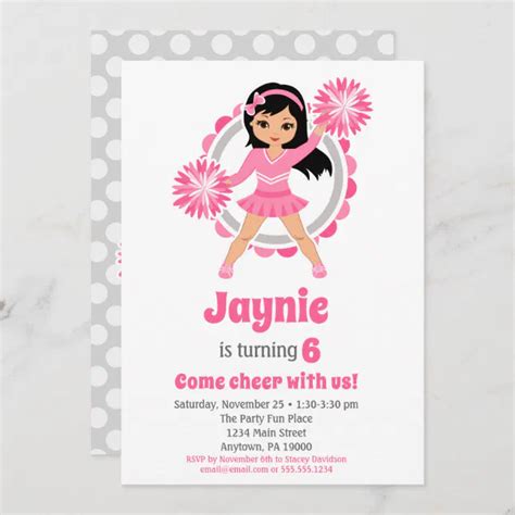 Pink Cheerleader Black Hair Girls Cheer Birthday Invitation Zazzle