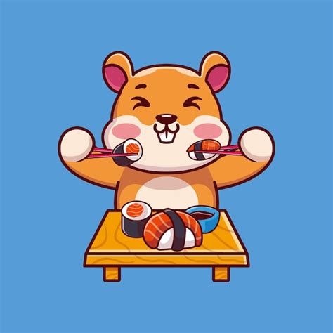 젓가락 만화 아이콘 일러스트와 함께 초밥을 먹는 귀여운 다람쥐 프리미엄 벡터