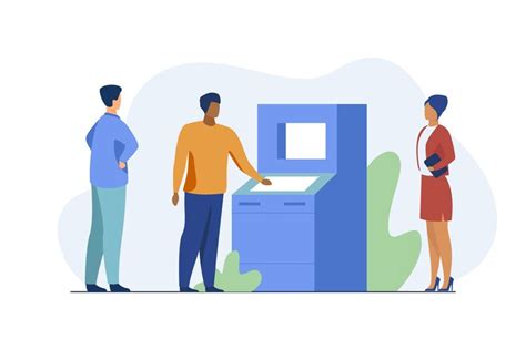 Atm을 사용하는 사람들 대기열 사회적 거리 평면 벡터 일러스트 레이 션에서 기다리고 은행 고객 은행 거래 현금 인출 무료 벡터