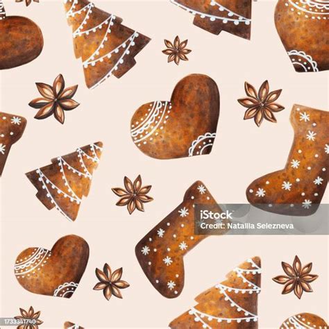 아이싱과 아니스를 곁들인 바삭한 진저브레드 쿠키가 있는 수채화 크리스마스 매끄러운 패턴 하얀 배경에 분리된 새해 손 그림 디자이너 음식 장식 메뉴 상점 엽서 포장지 표지