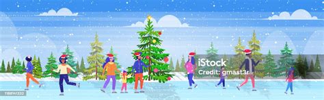 사람들은 얼어 붙은 호수 아이스 링크 겨울 스포츠 활동 레크리에이션에 스케이트 휴일 개념 믹스 경주 친구 함께 시간을 보내는 눈 풍경 배경 전체 길이 수평 배너 가공의