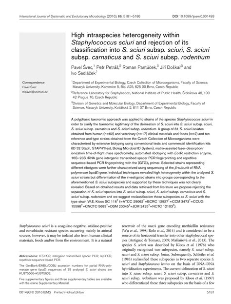 Pdf High Intraspecies Heterogeneity Within Staphylococcus Sciuri And Rejection Of Its