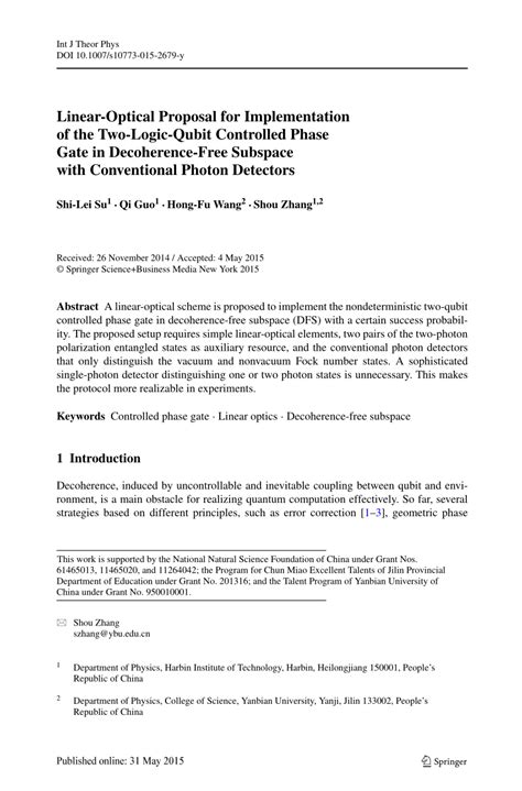 Pdf Linear Optical Proposal For Implementation Of The Two Logic Qubit Controlled Phase Gate In
