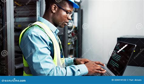 Man Maintenance And Server Room Or Coding With Laptop Electrician And Firmware Update