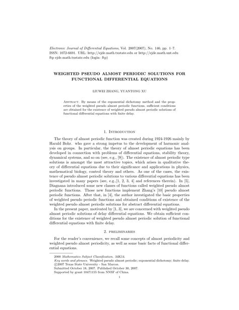 Pdf Weighted Pseudo Almost Periodic Solutions For Functional Differential Equations